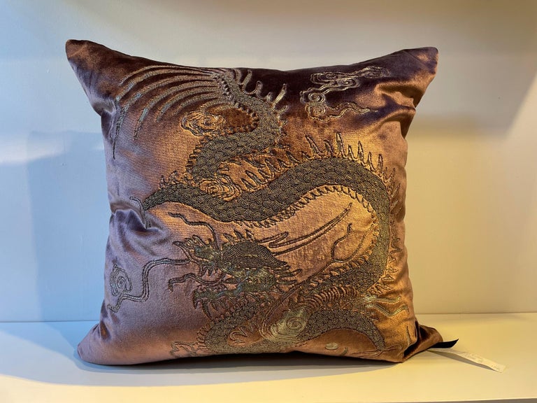 Pair Dragon Cushions Hand Embroidery Silver Beading on Silk Velvet Color Heather For Sale at 1stDibs