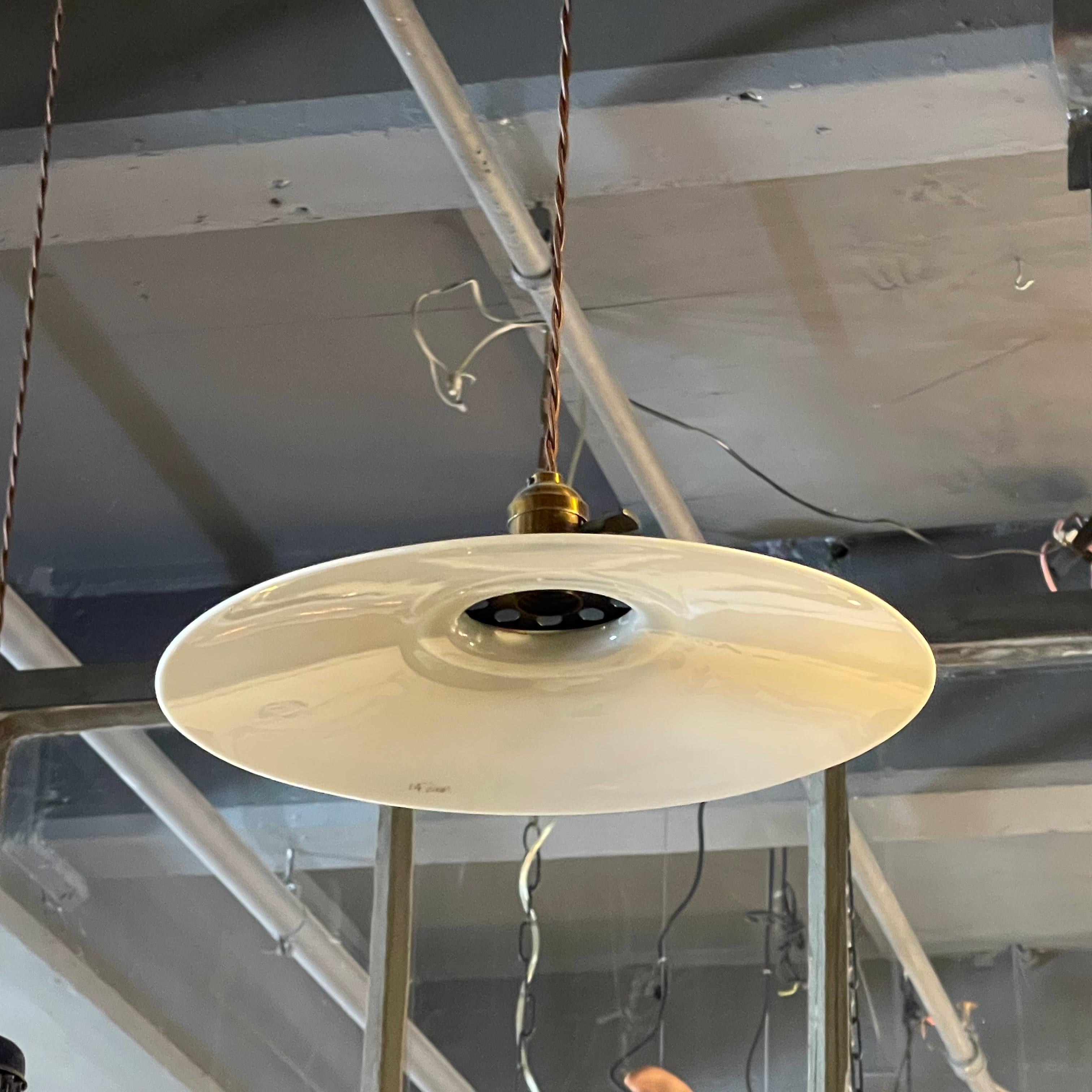 Pair Early 20th Century Milk Glass Disc Pendants 14 Inch at 1stDibs