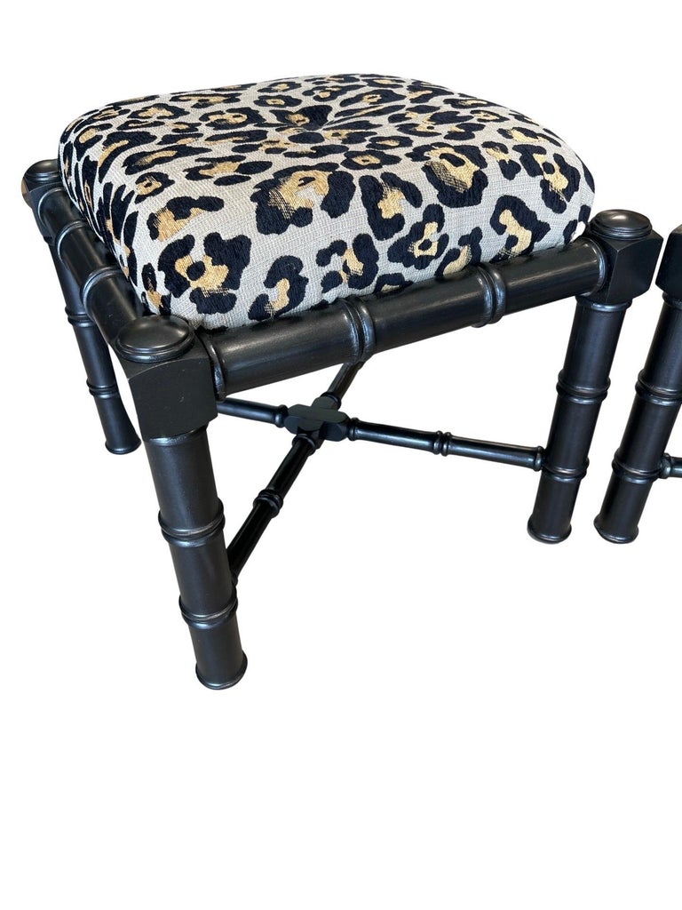 Pair, Ebonized Faux Bamboo Stools with Leopard Fabric Upholstery For ...