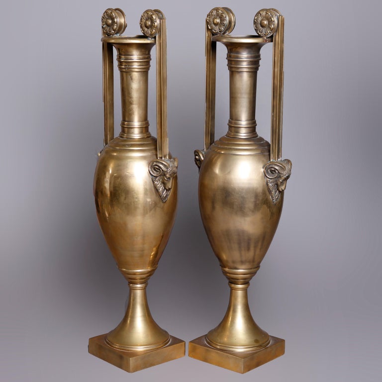 Pair Egyptian Revival Figural Bronze Urns with Rams Heads 20th C at 1stDibs