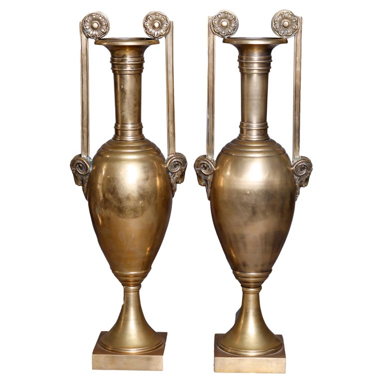 Pair Egyptian Revival Figural Bronze Urns with Rams Heads 20th C at 1stDibs