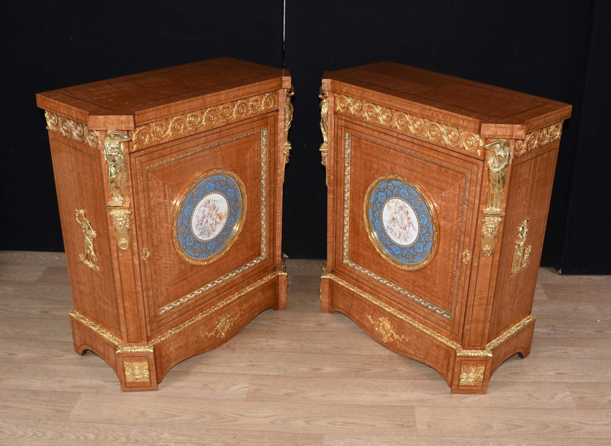Pair Empire Satinwood Cabinets with Sevres Plaques For Sale at 1stDibs