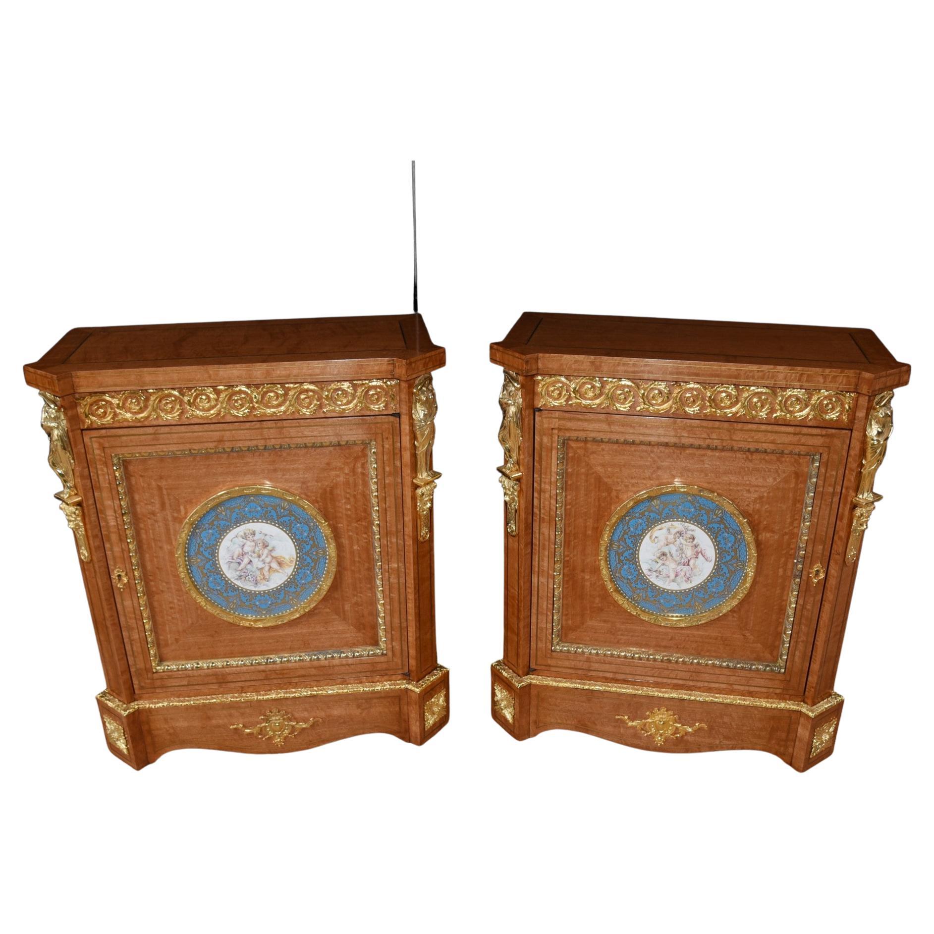 Pair Empire Satinwood Cabinets with Sevres Plaques For Sale at 1stDibs