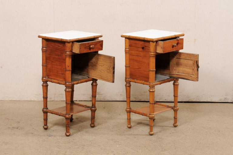 Pair English Antique Marble Top Side Chests w/Faux Bamboo Carving and ...