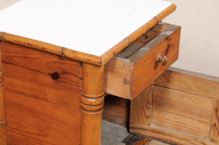Pair English Antique Marble Top Side Chests w/Faux Bamboo Carving and ...