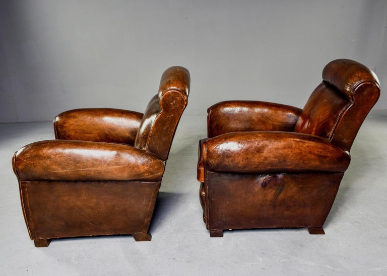 Pair of English High Back Club Chairs with Original Leather at 1stDibs