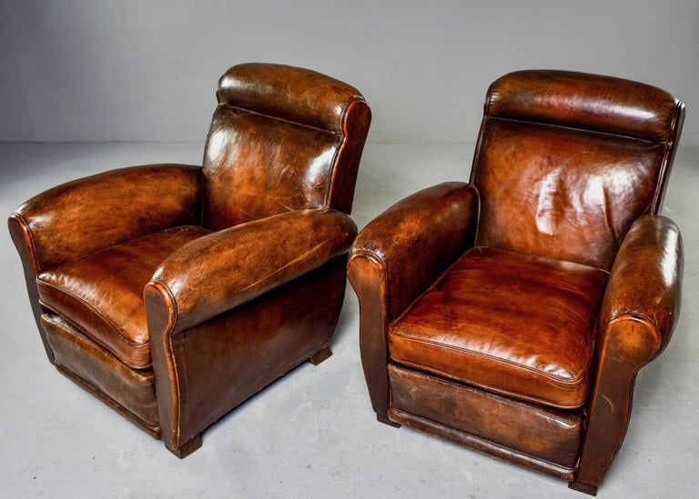 Pair of English High Back Club Chairs with Original Leather at 1stDibs