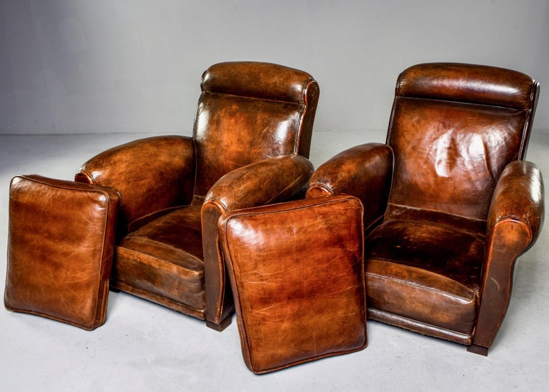Pair of English High Back Club Chairs with Original Leather at 1stDibs