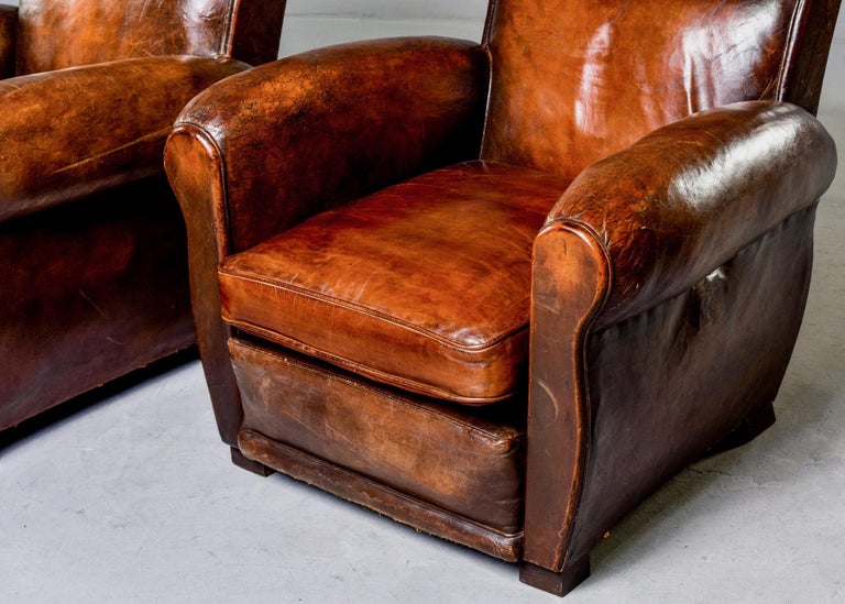 Pair of English High Back Club Chairs with Original Leather at 1stDibs