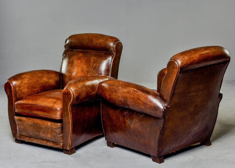 Pair of English High Back Club Chairs with Original Leather at 1stDibs