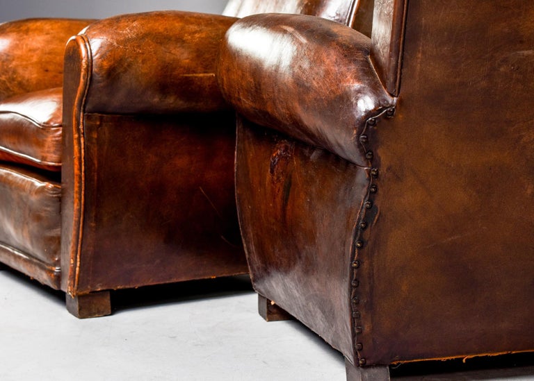 Pair of English High Back Club Chairs with Original Leather at 1stDibs