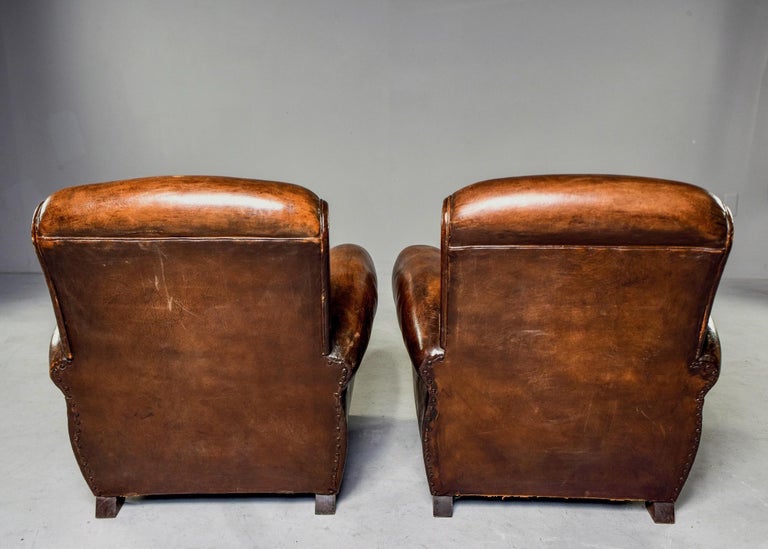 Pair of English High Back Club Chairs with Original Leather at 1stDibs