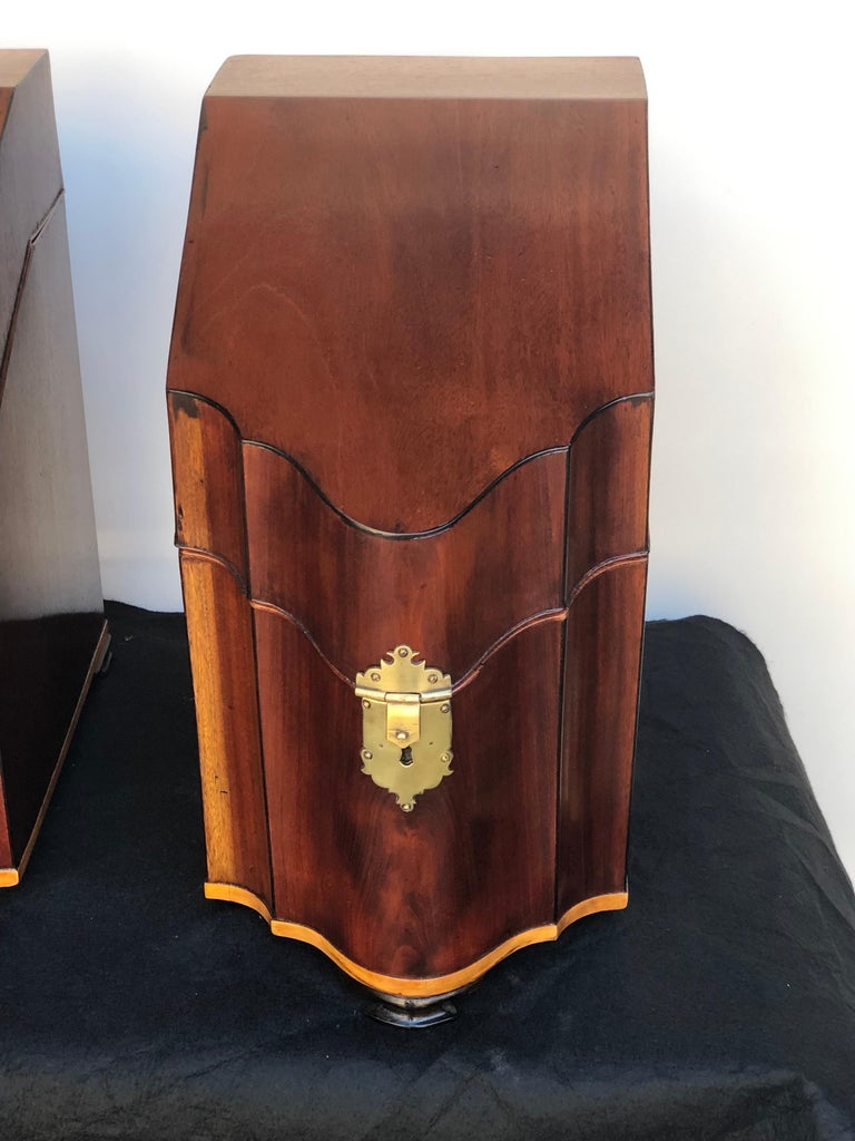 Pair English Mahogany Serpentine Inlaid Cutlery Boxes on Bracket Feet ...