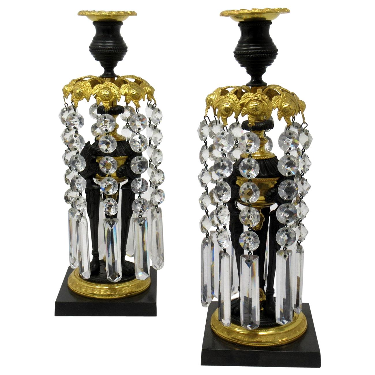 Pair English French Regency Ormolu Bronze Dore Candlesticks Lusters ...