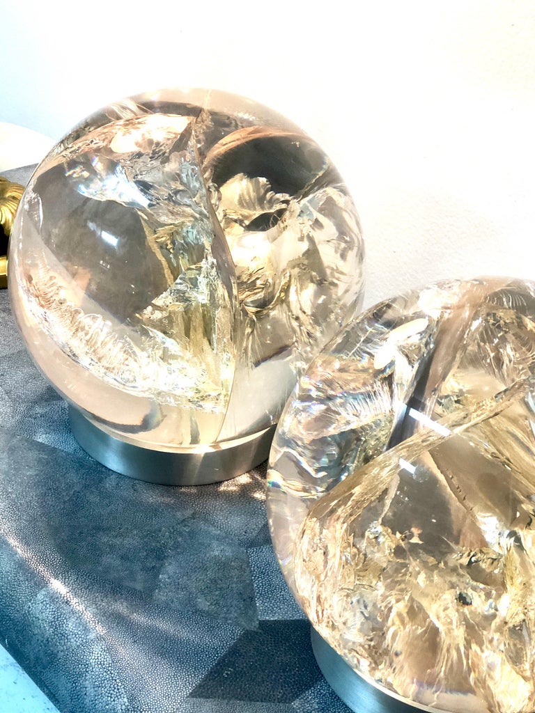 Pair of Fractal Resin Orbs Spheres on Brushed Metal Bases, 1970s For ...