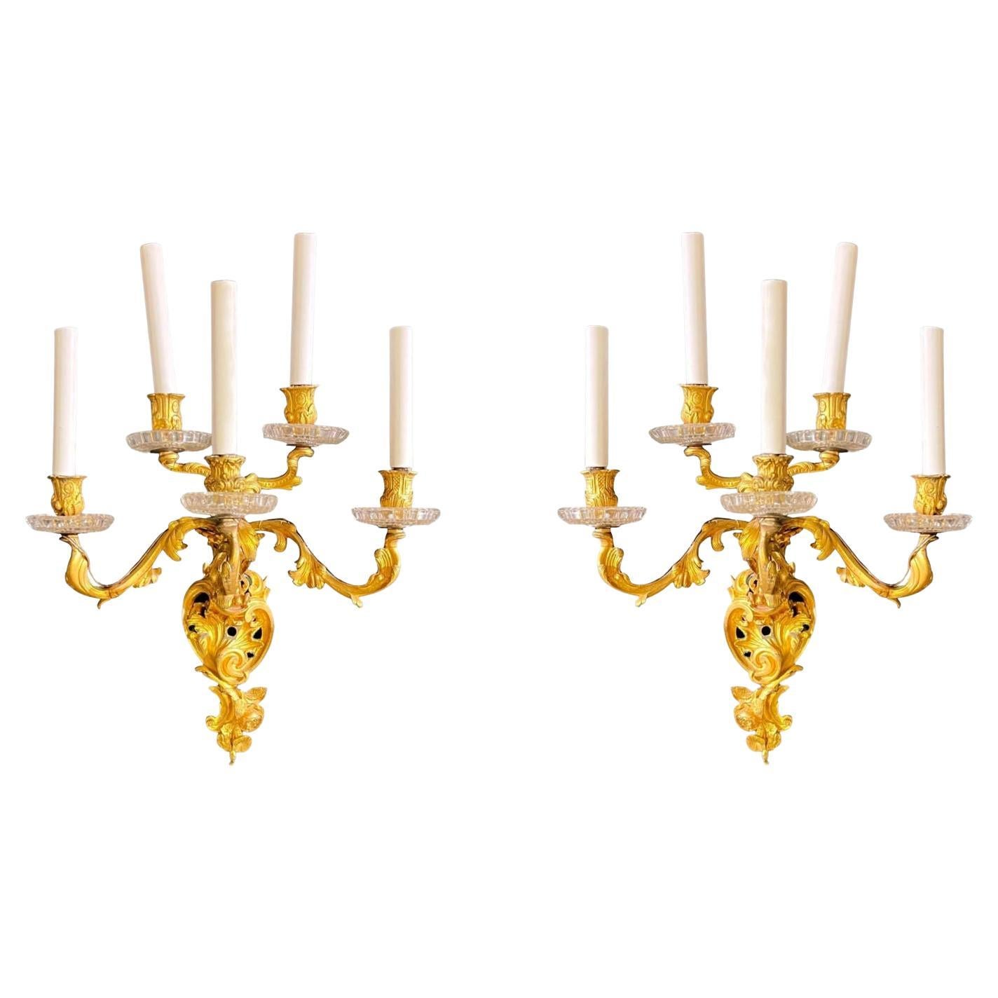 Pair French 19th Century Rococo Style Five-Arm Gilt Bronze and Crystal ... Pair French 19th Century Rococo Style Five-Arm Gilt Bronze and Crystal ...