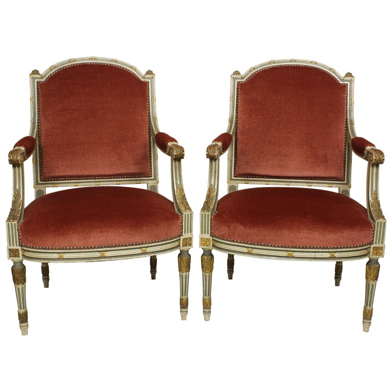 Pair of French Louis XVI Style Gilt, Cream /Green Painted Fauteuils ...