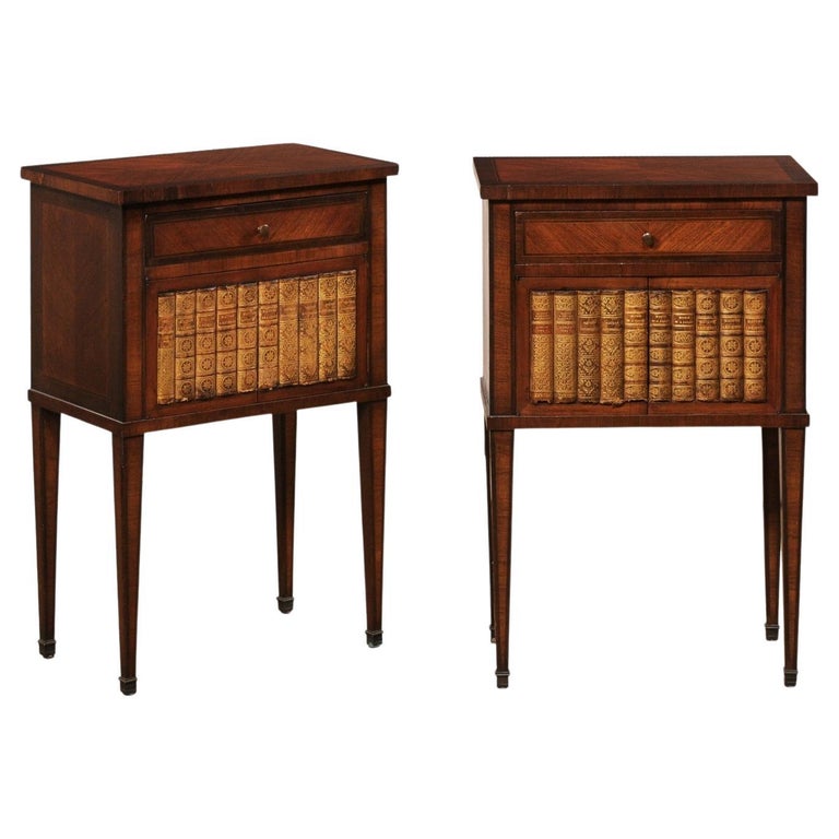 Pair French Antique Side Chests w/ "Faux Book" 'Real Leather Book ...