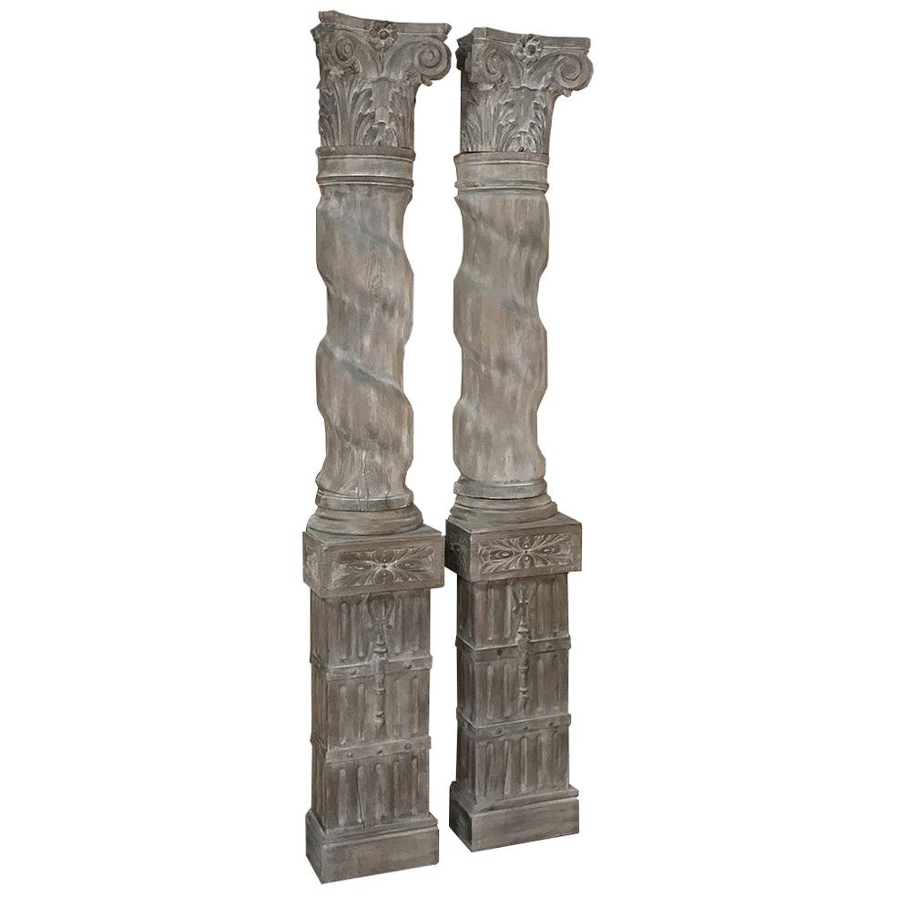 Pair of Architectural Corinthian Weathered Oak Hand Carved Columns ...