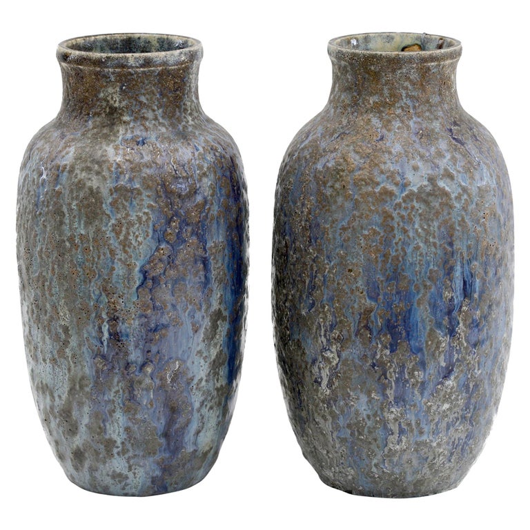 Pair of French Blue Glazed Art Pottery Vases Attributed To Atelier De ...