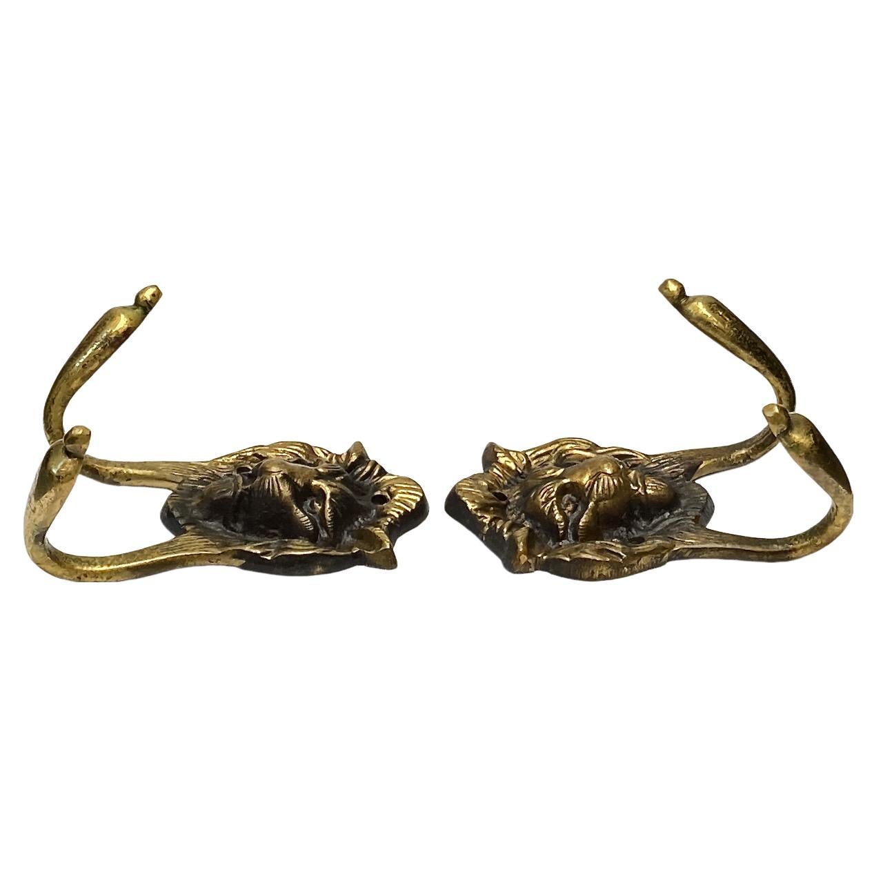 Pair French Brass Lion Head Design Double Hooks For Sale at 1stDibs