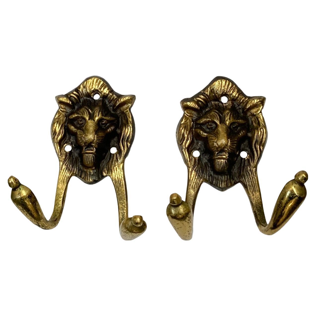 Pair French Brass Lion Head Design Double Hooks For Sale at 1stDibs