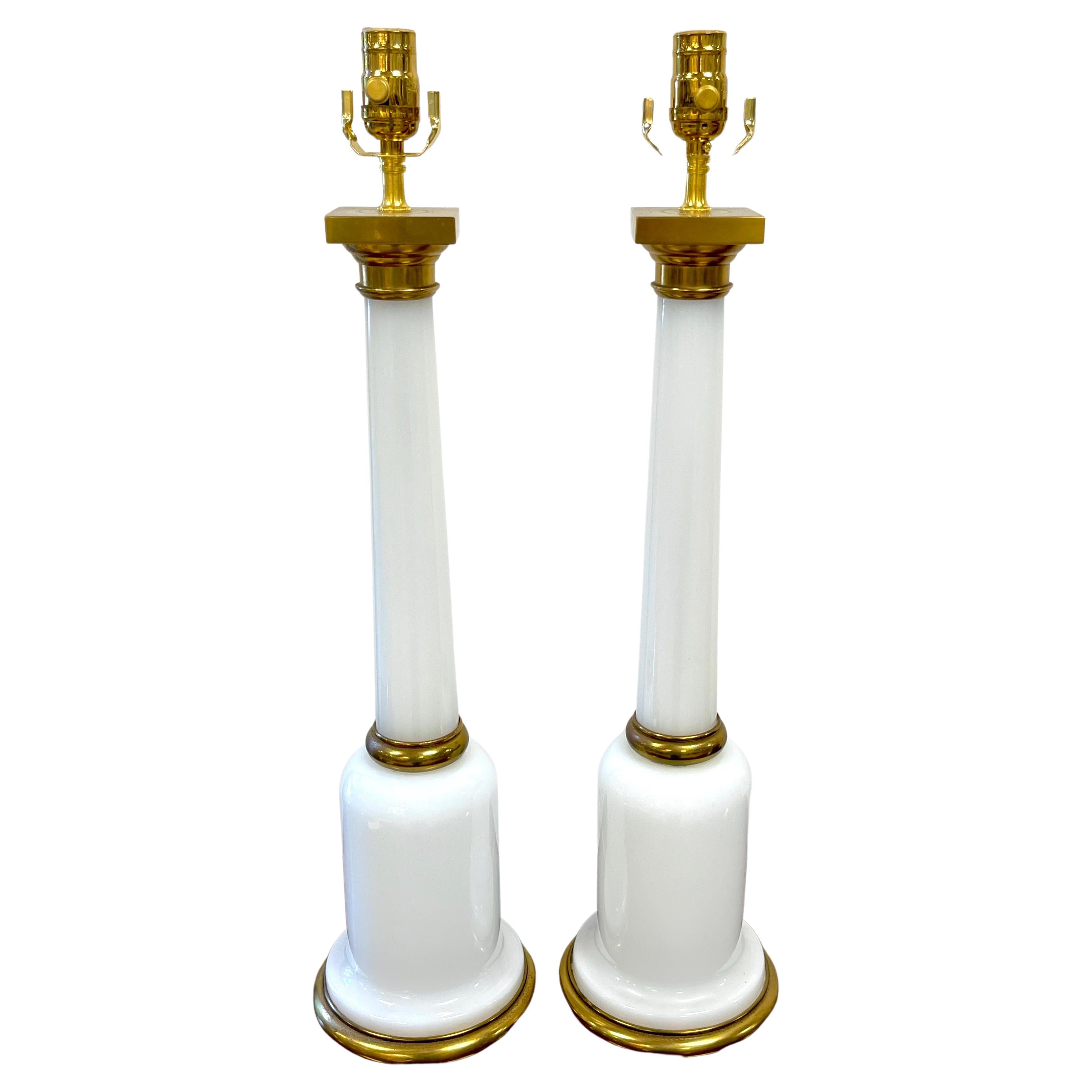 Pair of Neoclassical French Pink Opaline Bronze Mounted Column Lamps ...