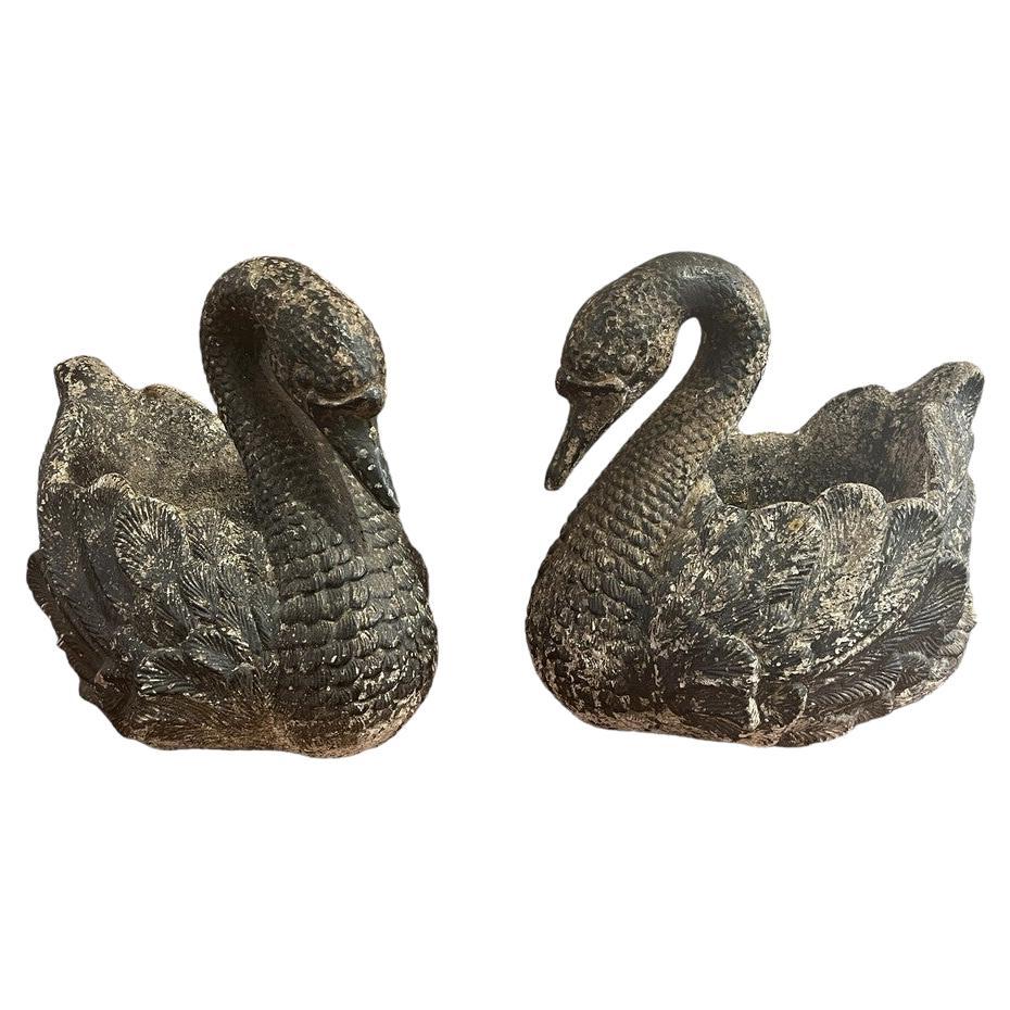 Pair French Carved Concrete Swan Planters For Sale at 1stDibs
