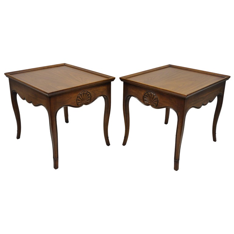 Pair French Country Shell Carved Walnut End Tables Scalloped Edge Skirt ...