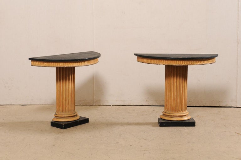 Pair French Demi Wall Consoles on Fluted Column Bases, c. 1920's at 1stDibs