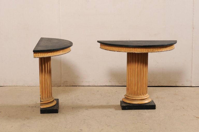 Pair French Demi Wall Consoles on Fluted Column Bases, c. 1920's at 1stDibs