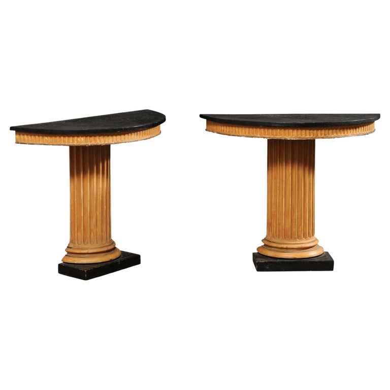 Pair French Demi Wall Consoles on Fluted Column Bases, c. 1920's at 1stDibs