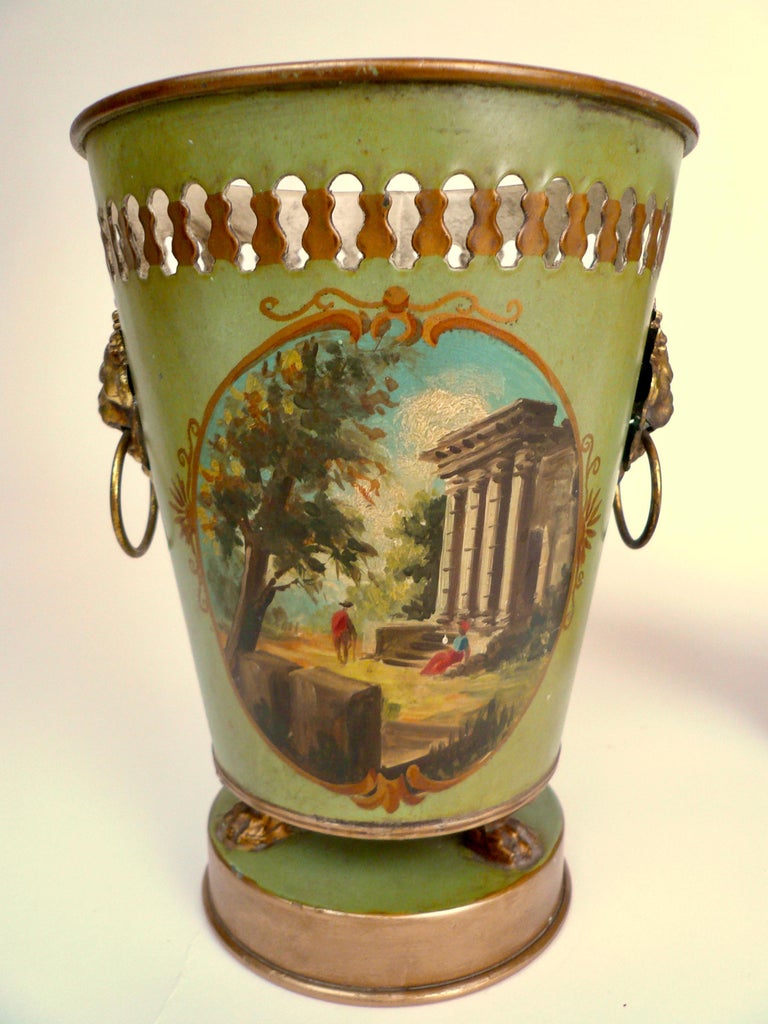 Pair French Green Painted Tole Cachepots or Platnern For Sale at 1stDibs