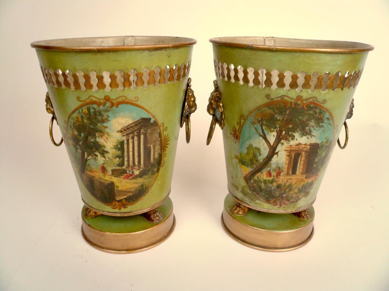 Pair French Green Painted Tole Cachepots or Platnern For Sale at 1stDibs