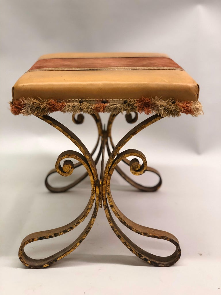 French Midcentury Gilt Wrought Iron and Leather Benches, Gilbert ...