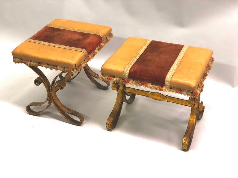 French Midcentury Gilt Wrought Iron and Leather Benches, Gilbert ...