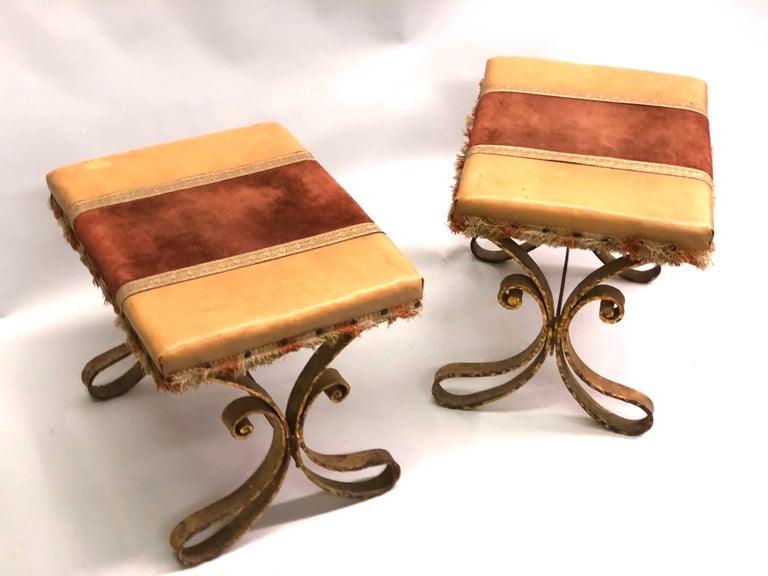 French Midcentury Gilt Wrought Iron and Leather Benches, Gilbert ...