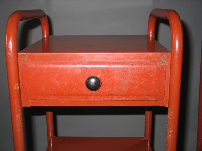 French Midcentury Red Enamel Steel Nightstands / Side Tables, Jean ...