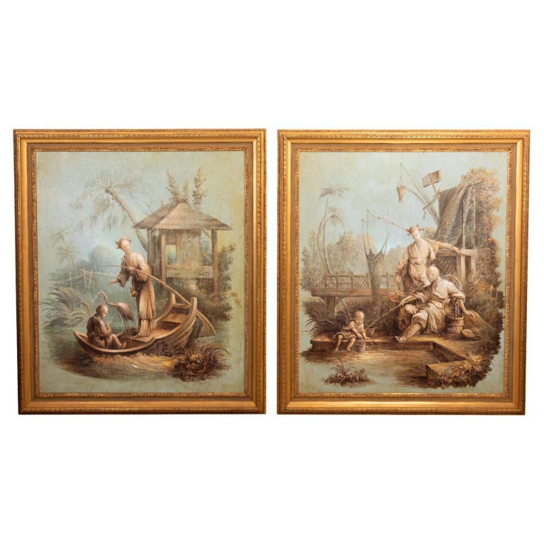 Pair French Oil on Canvas Painting Chinoiserie For Sale at 1stDibs