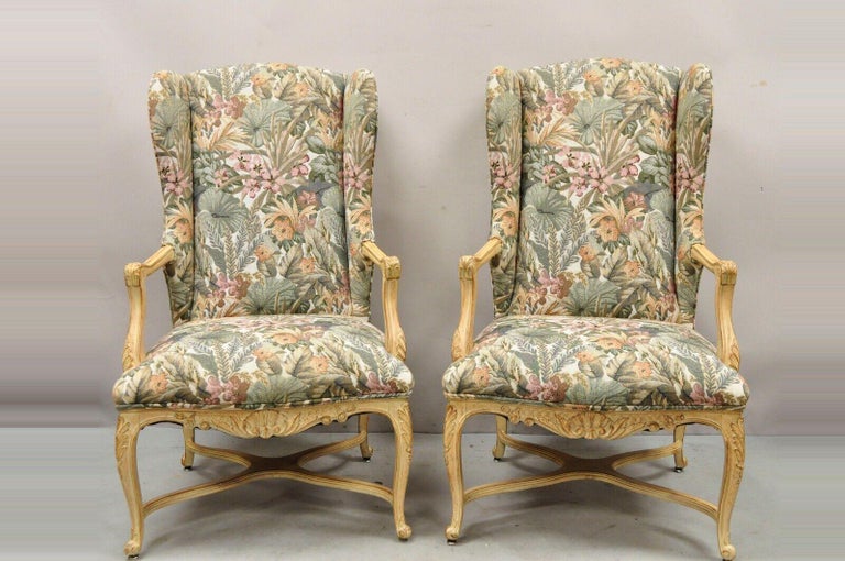 Pair French Provincial Country Louis XV Style Upholstered Wingback ...