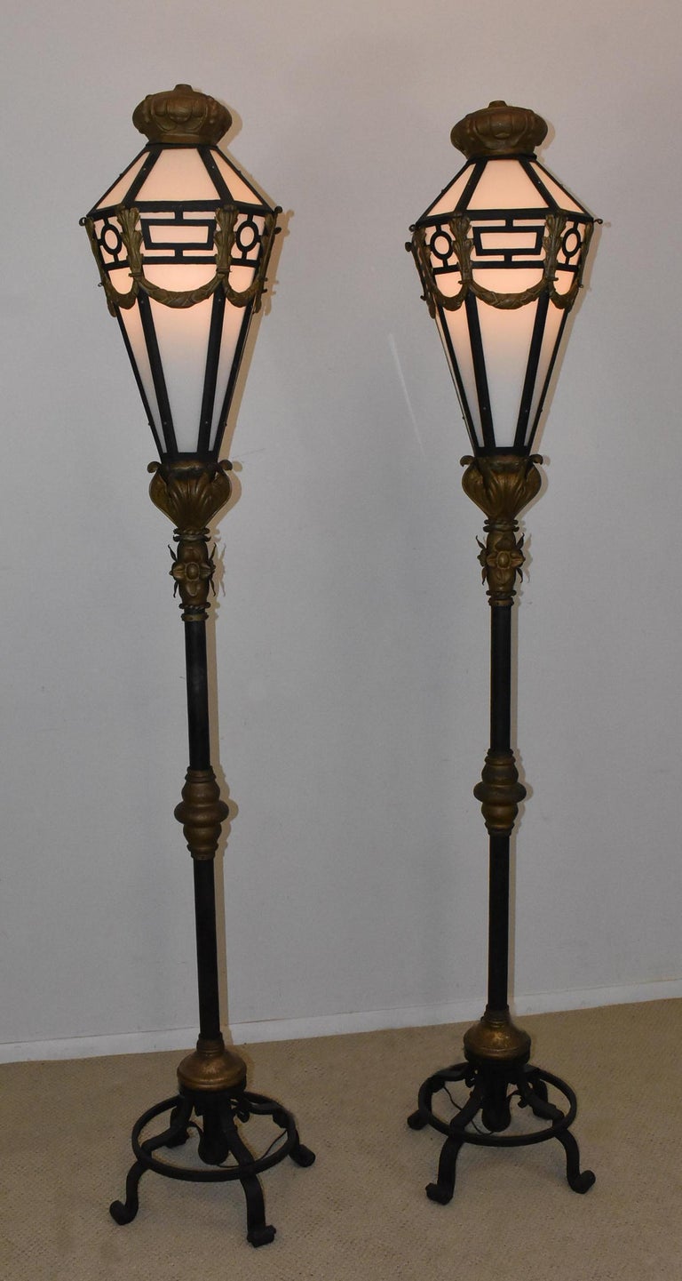 Pair of French Style Wrought Iron and Brass Street Lamps For Sale at ...