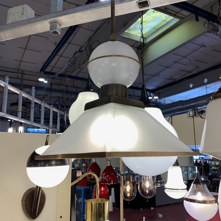 Frosted White Glass Pair of Pyramid Shape Pendant Lights, Italy ...