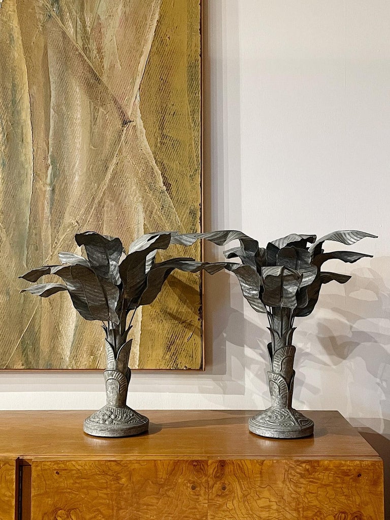 Pair Galvanized Metal Palm Tree Table Lamps For Sale at 1stDibs