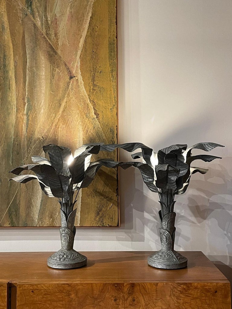 Pair Galvanized Metal Palm Tree Table Lamps For Sale at 1stDibs
