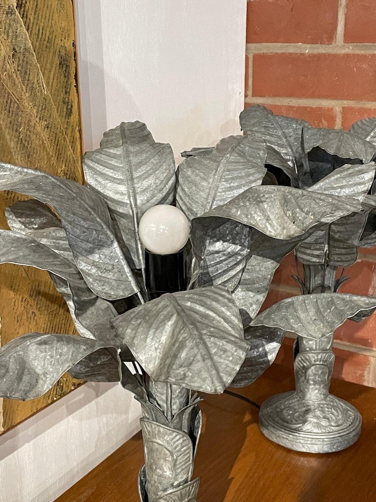 Pair Galvanized Metal Palm Tree Table Lamps For Sale at 1stDibs
