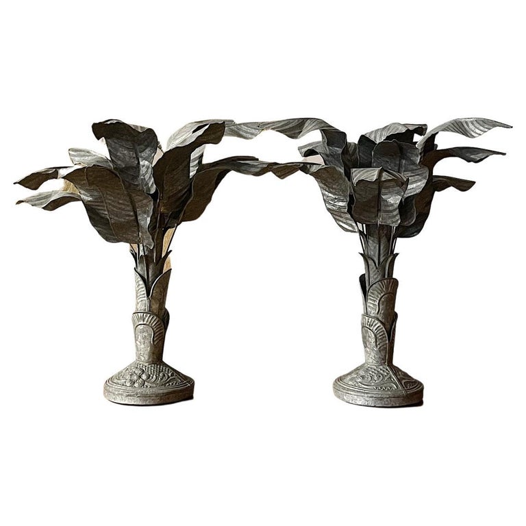 Pair Galvanized Metal Palm Tree Table Lamps For Sale at 1stDibs