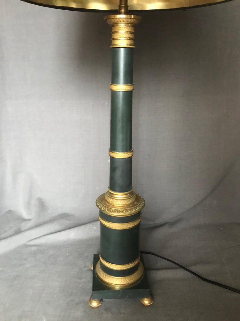 Pair of Gilt and Patinated Metal Banded Column Lamps at 1stDibs