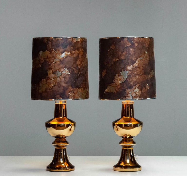 Pair Golden Brutalist Art Glass Table Lamps Designed by Gustav Leek for ...