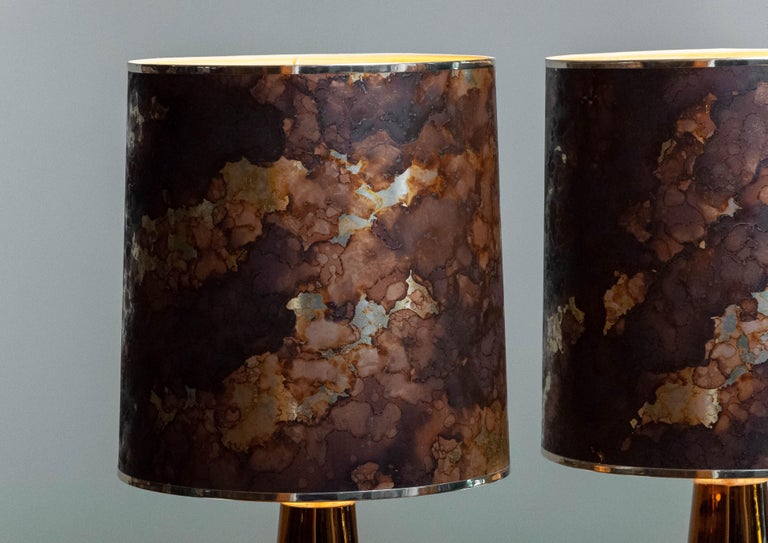 Pair Golden Brutalist Art Glass Table Lamps Designed by Gustav Leek for ...