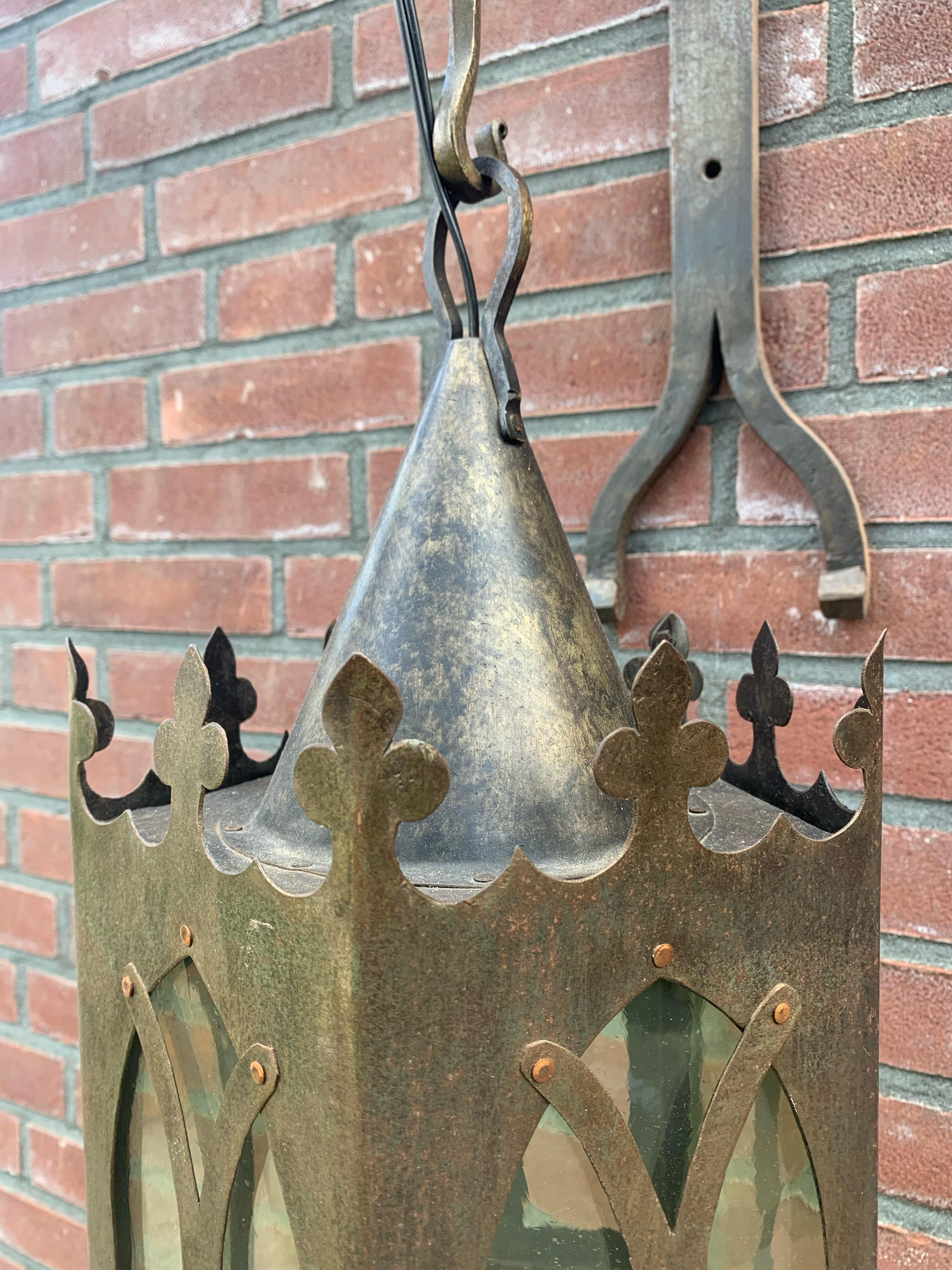 Pair Gothic Revival Medieval Style, Wrought Iron and Cathedral Glass ...